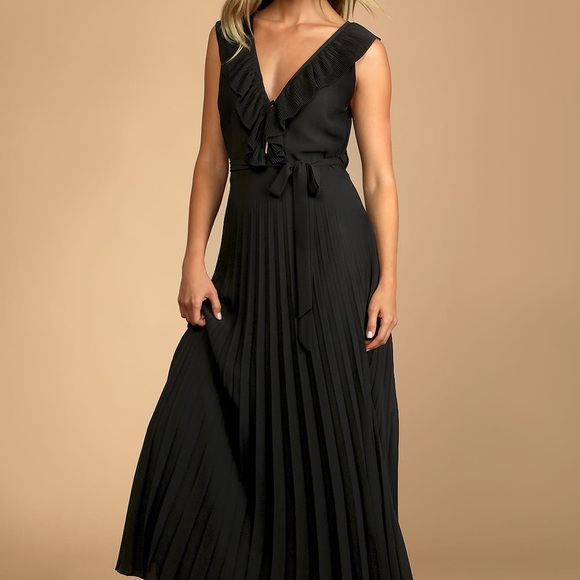 by the sea | Dresses | Ruffle Pleated Plunge Chiffon Maxi Dress Black ...